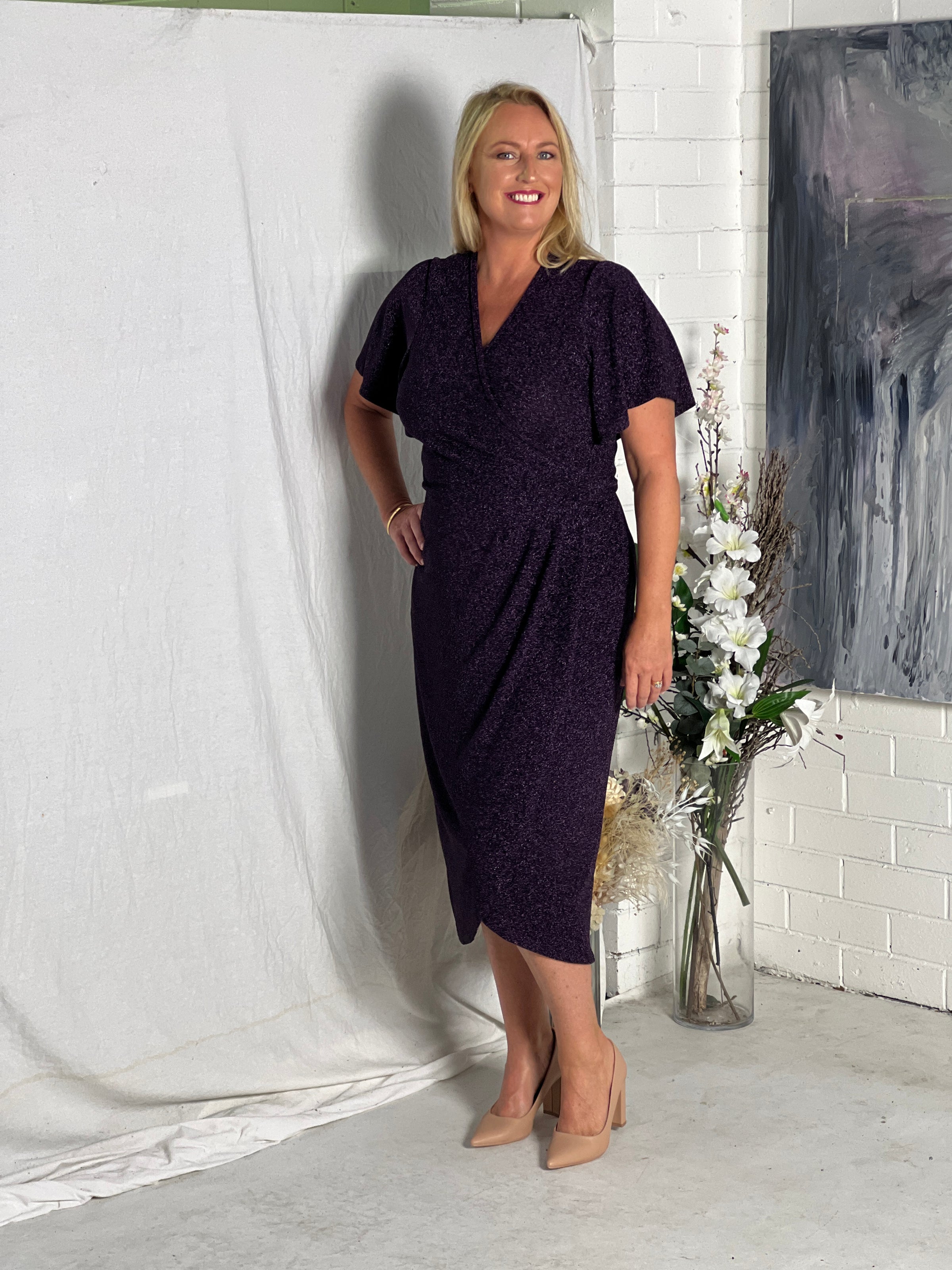 Barbara Purple Glitter Wrap Dress – Dressxox