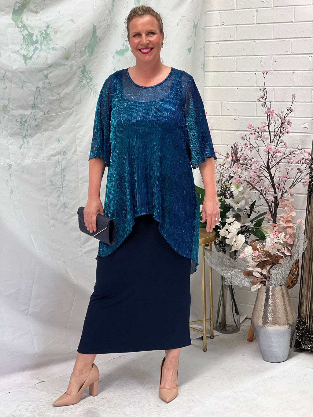 Rhea Azure Blue Shimmer Mesh Top – Dressxox